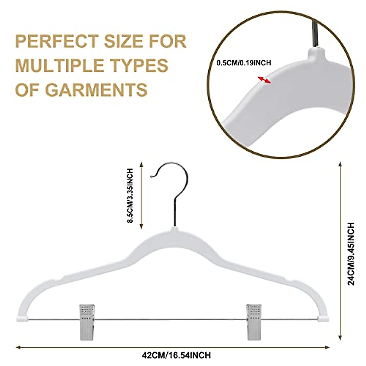 Quality Plastic Non Velvet Non-Flocked Thin Compact Coat Hangers with Metal Clips for Skirts Pants Blouses 360° Swivel Hook (White, 20)