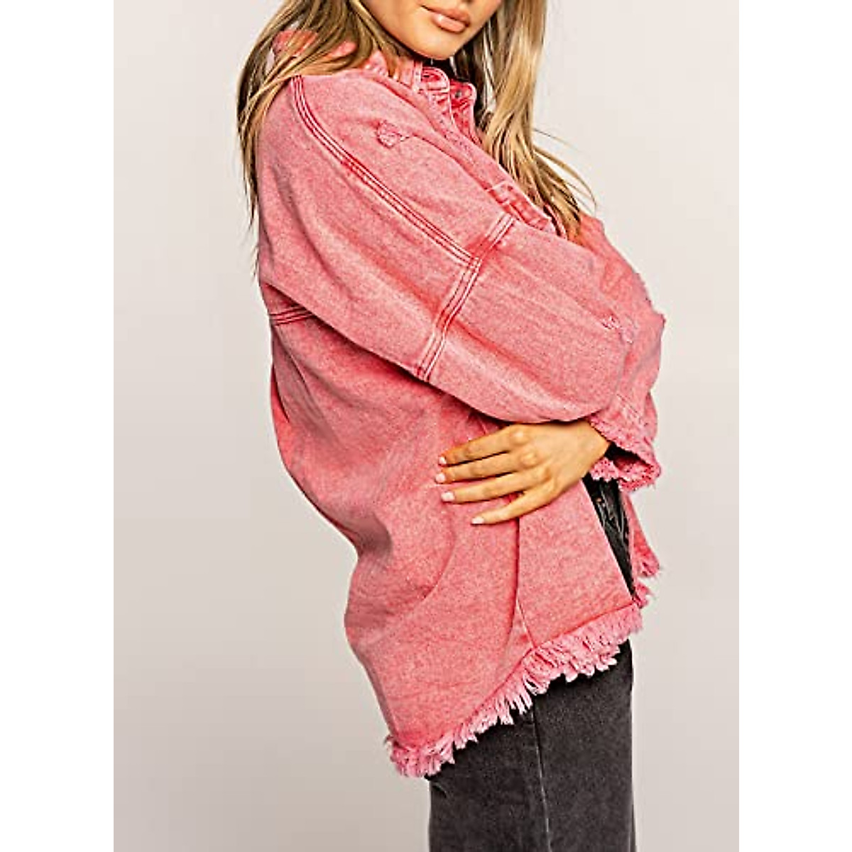 EVALESS Women's Denim Jacket Boyfriend Jean Jackets for Women Fashion 2023 Distressed Shacket Jacket Ripped Frayed Jean Shirts Business Casual Red Top Outfits with Pockets Light Stretchy Shirt,Large