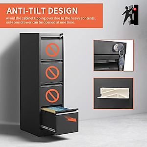 BIZOEIRON 4 Drawer File Cabinet with Lock, Metal Vertical Filing Cabinets for Home Office, Steel Storage Cabinet for Hanging Legal/Letter Size Files, Assembly Required (Black)