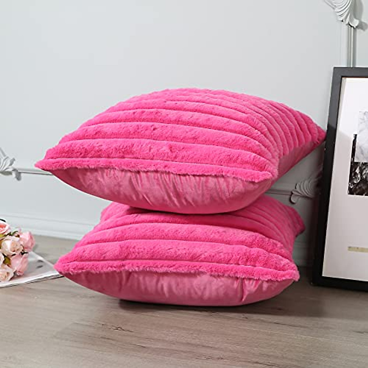 Soleebee Set of 2 Throw Pillow Covers Soft Cozy Velvet Pillowcase Faux Rabbit Fur Cover for Couch Sofa Bed Chair Home Decorative Pillows Cover (18x18 Inch, HOT Pink)