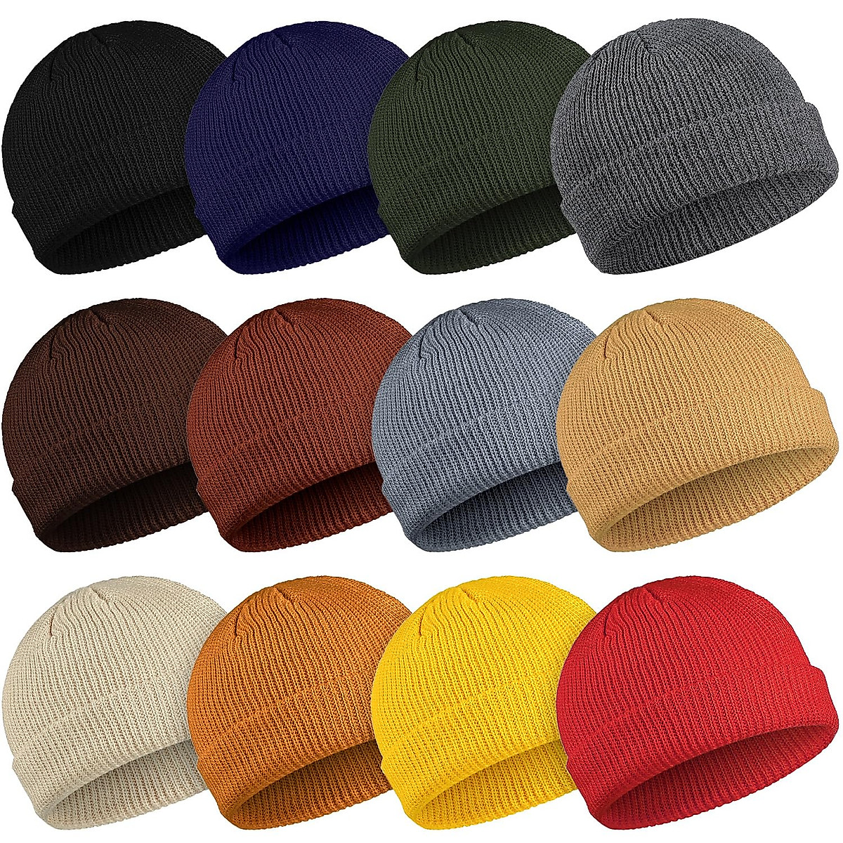 Geyoga 12 Pieces Trawler Beanie Hats Knit Cuff Beanie Roll-Up Edge Skull Cap Fisherman Beanie for Men Women (Bright Color)