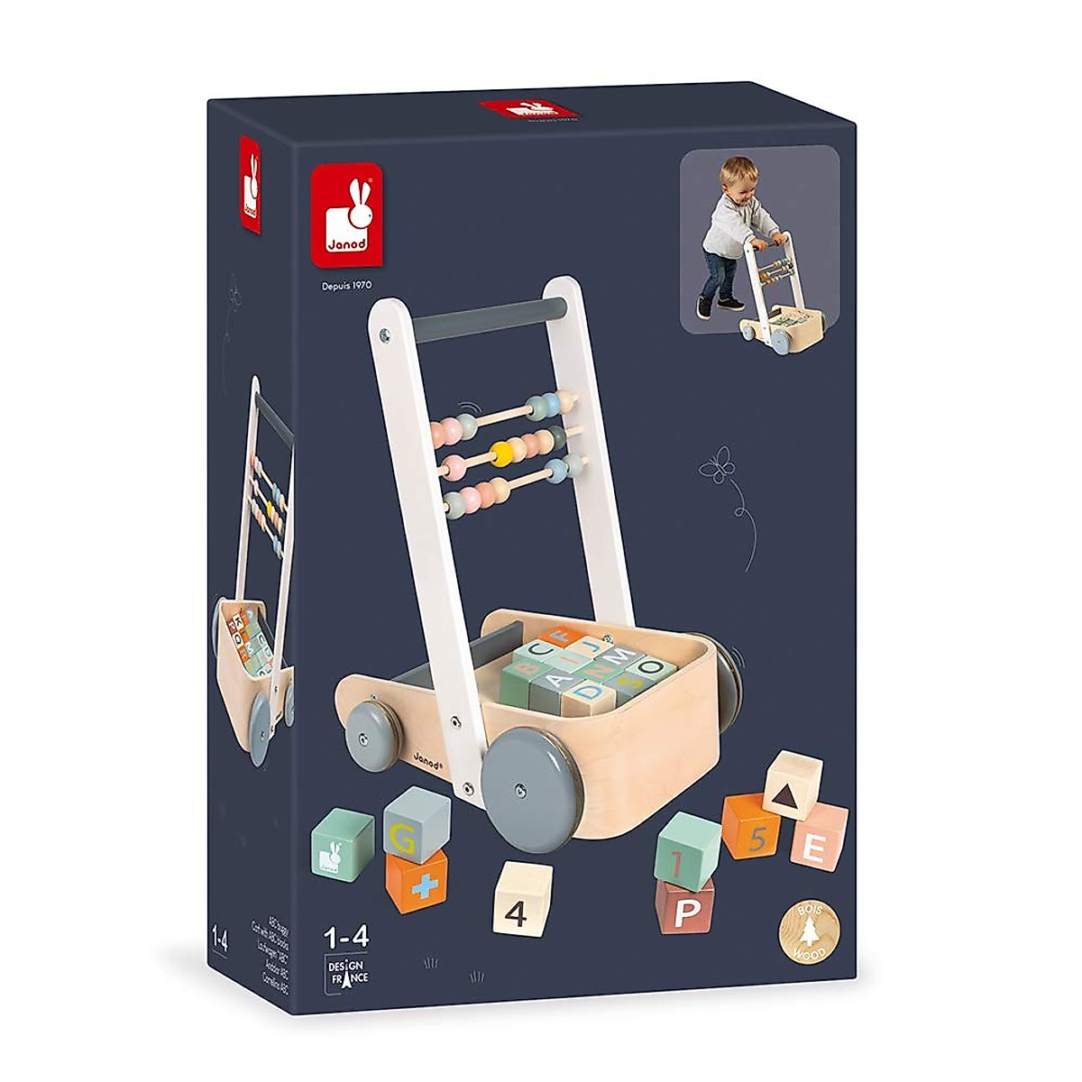 Janod Sweet Cocoon ABC Block Cart Push Toy with 20 ABC Blocks - Ages 1+ - J04408