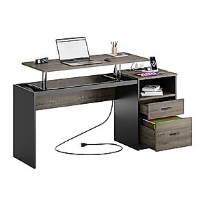 Bestier Lift Top Computer Desk with File Drawer, 60" Large Office Desk with Power Outlet USB Port Built in Writing Study Computer Table with Storage Workstation for Home Office Bedroom, Gray