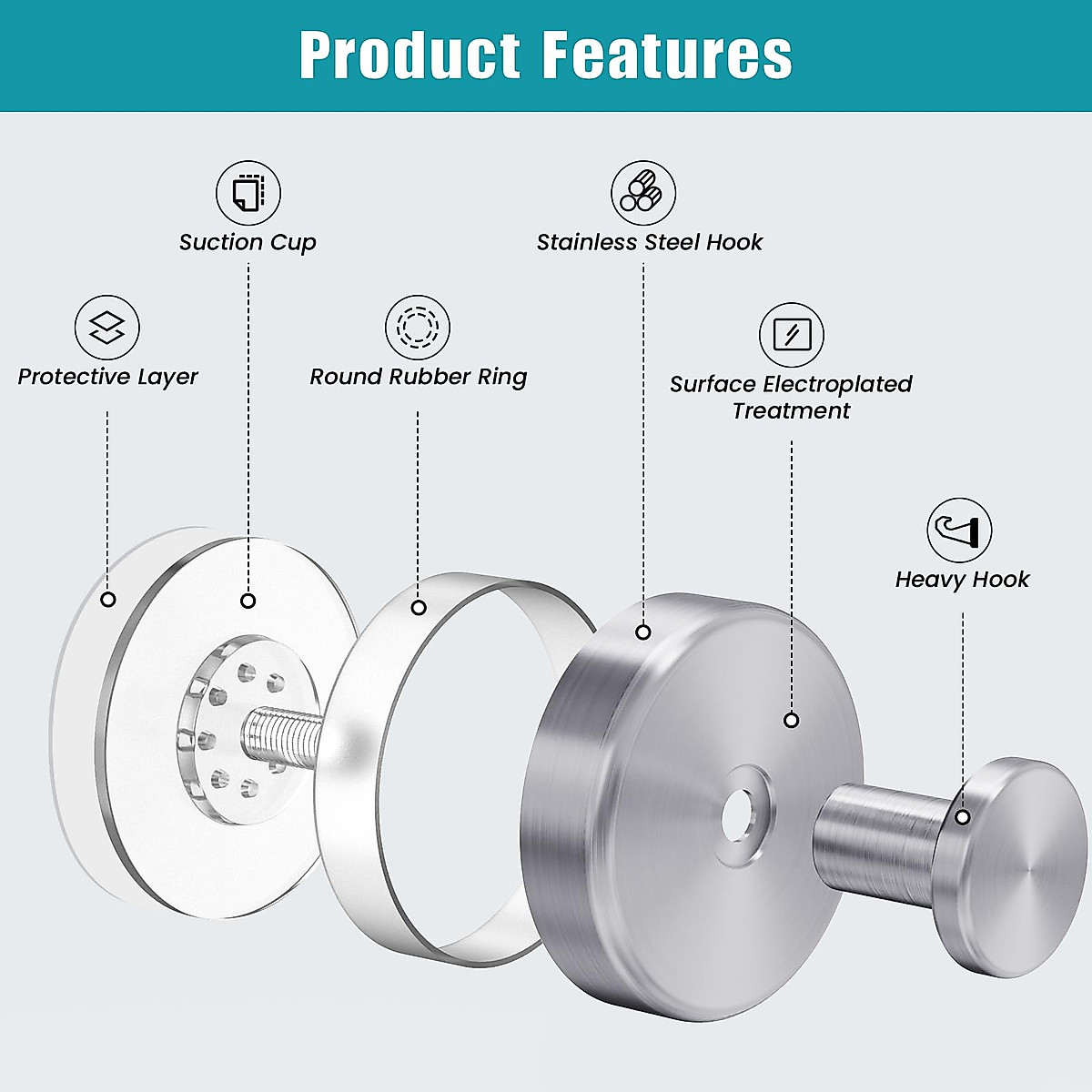 JYIFUBC Suction Cup Hooks, Stainless Steel Waterproof Suction Cup Hooks for Shower,Bathroom, Kitchen, Glass Door, Mirror, Tile, No-Drill Hooks (2*Sliver)