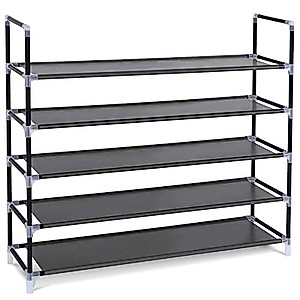 SoSo-BanTian1989 Black 5-Tiers Metal Tube Shoe Rack, 25 Pairs Non-Woven Fabric Shoe Storage Organizer Cabinet Tower Shelf