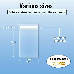 MORIDA Clear Cellophane Bags 200 Pcs 4x6 inch Self Adhesive Cookie Bags Candy Bags Treat Bags Resealable Self Sealing Plastic Cello Bags for Favors Snack Goodie Gift Packaging
