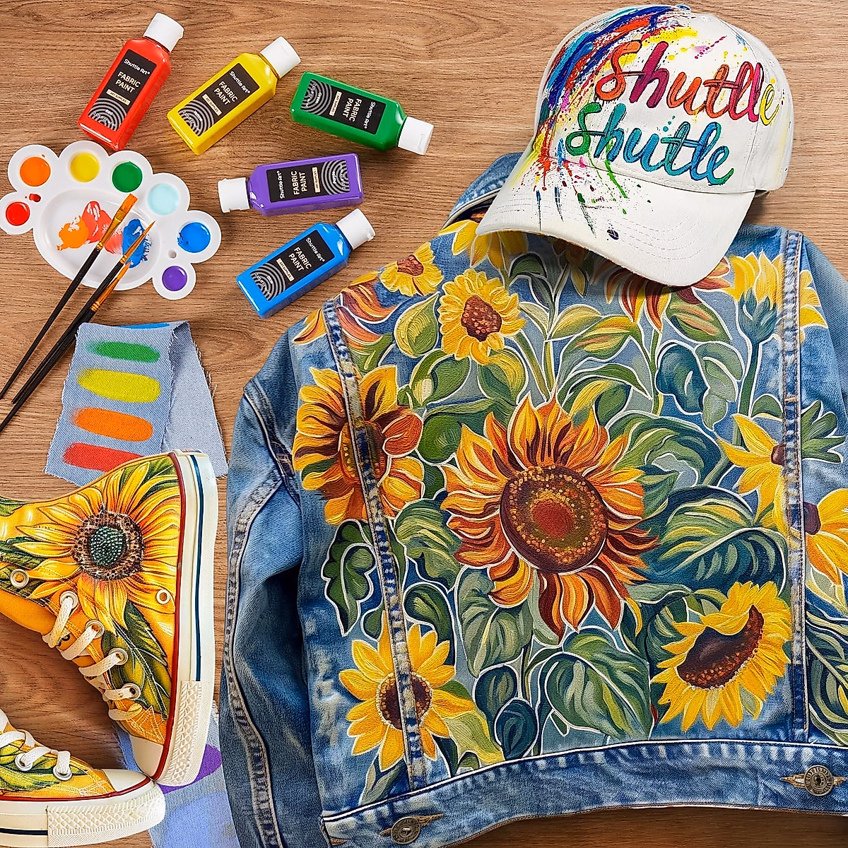 Shuttle Art 24 Colors Fabric Paint, 60ml/2oz Bottles, Permanent Soft Fabric Paint for Clothes with Brushes &Stencils, Non-Toxic Textile Paint for T-Shirts, Shoes, Jeans, Bags, DIY Projects & Crafts