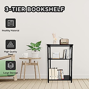 ECOMEX Small Bookshelf, Standing Metal Frame Book Shelves, 3 Tier Industrial Bookshelf Wood Bookcase Shelves Storage for Living Room Bedroom and Office, 3 Tiers Open Shelf/Display Rack, Black