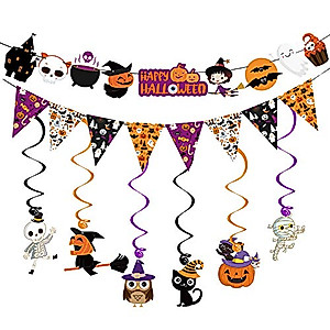 2023 Halloween Banner Party Decoration（Pre-Assembled）Cute Halloween Garland Bunting Banner Triangle Flag with Foil Swirl Ceiling Hanging Cards, Pumpkin Ghost Witches Bat Spider Skull Sticker