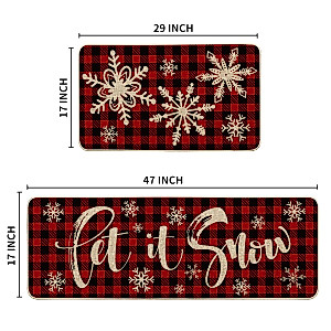 Artoid Mode Buffalo Plaid Snow Christmas Kitchen Rugs Set of 2, Let It Snow Xmas Winter Holiday Party Low-Profile Floor Mat Decorations for Home Kitchen - 17x29 and 17x47 Inch