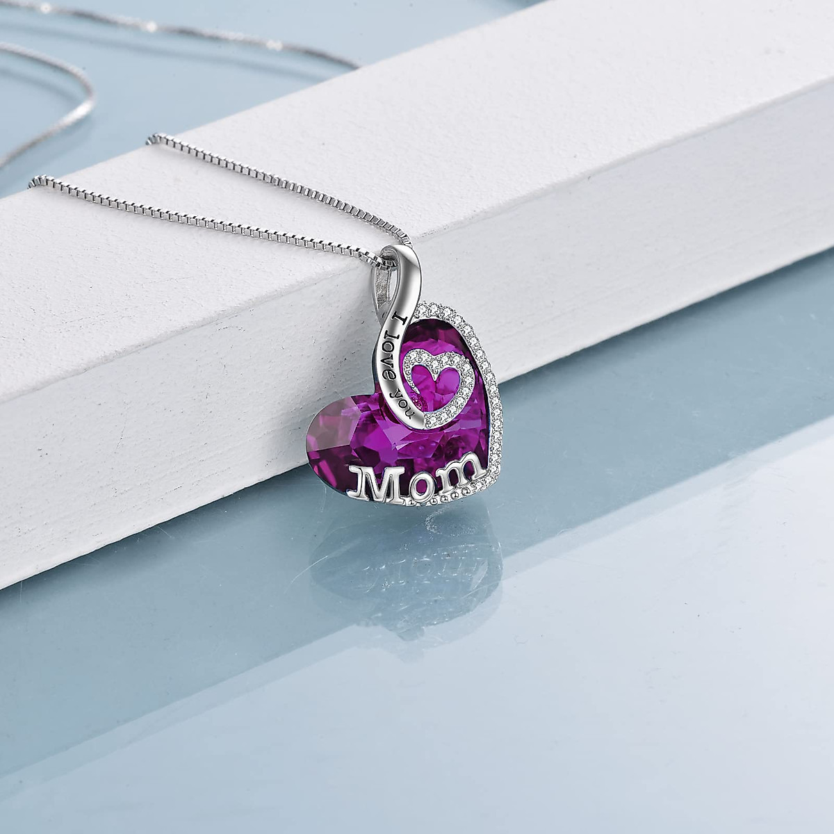TOUPOP Gift for Mom Sterling Silver I Love You Mom Jewelry with Heart Amethyst Crystal, Birthday Gifts for Mom from Son Daughter