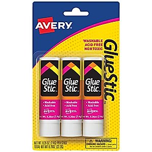 Avery Glue Stick White, Washable, Nontoxic, 0.26 oz. Permanent Glue Stic, 3pk (00164)