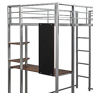 Merax Metal Loft Bed wit Desk and Shelves/Metal Slat Support/Space-Saving Twin, Silver