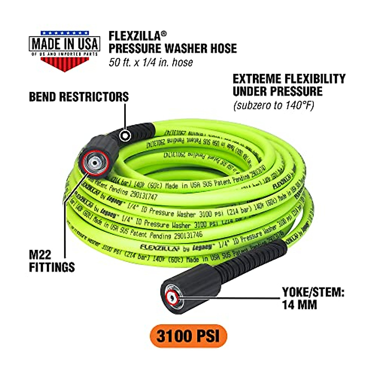 Flexzilla Pressure Washer Hose with M22 Fittings, 1/4 in. x 50 ft., ZillaGreen - HFZPW3450M-E