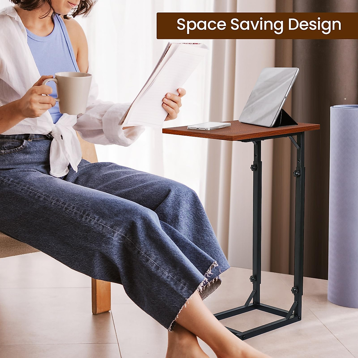 WHEARTED Adjustable C Shaped End Table - C Table Side Table for Couch and Sofa, Small Coffee Table with Metal Frame in Living Room, Bedroom, Bedside Rustic Brown