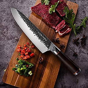 Kitchen Knives 8 Inch -SMTENG Professional chef Knife 3 layer 9CR18MOV clad steel hammered with Pakkwood handle，Multipurpose Top Kitchen Knife for Home and Restaurant