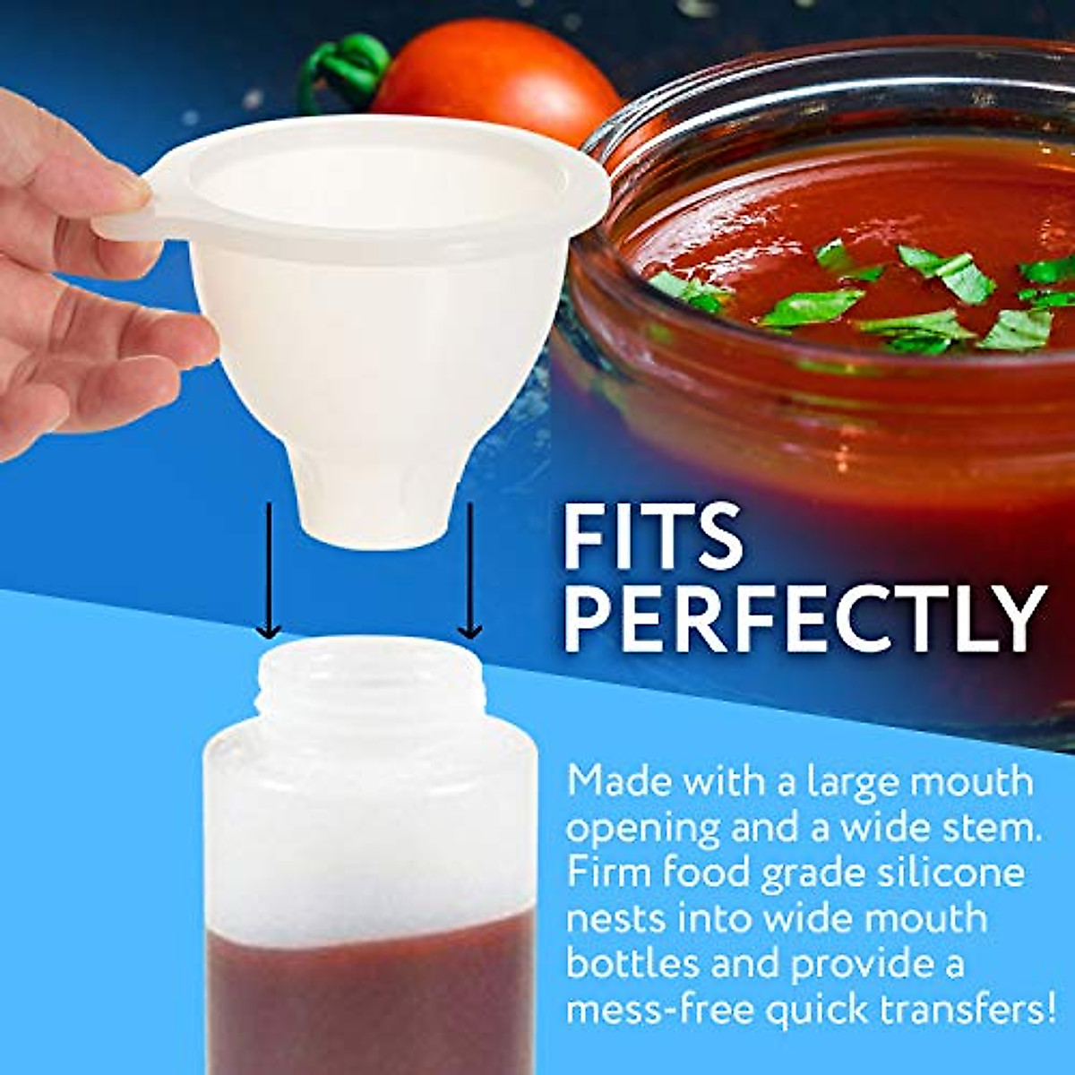 2 Pack Funnel for Squeeze Bottles - Wide Funnel Opening for Squeeze Bottles Like FIFO- for Ice, Dressing, Batter, Thick Sauces, Paint etc Flexible Silicone – No BPA 3.25” Top Diameter 1.25”