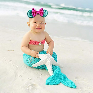 YanJie Mouse Ears Headbands, Glitter Party Mermaid Hot Pink Metallic Bow Favor Decoration Cosplay Costume for Girls Party (Green/Hot Pink)