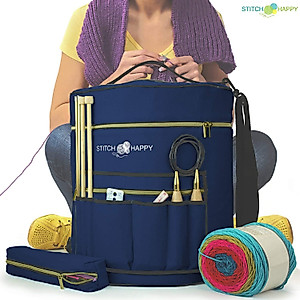 Stitch Happy XL Knitting Bag (Navy): 7 Pocket Yarn Bag, Crochet Bag, Yarn Storage, Crochet Storage