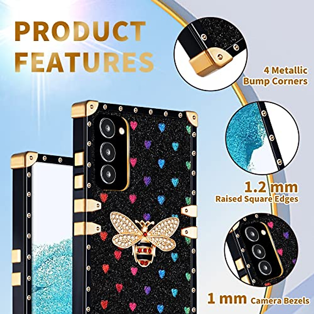 Loheckle for Samsung Galaxy S20 FE Case for Women, Designer Square Cases for Galaxy S20FE Case with Ring Stand Holder and Lanyard, Stylish Bees Luxury Cover for Samsung Galaxy S20 FE 5G 6.5 Inch