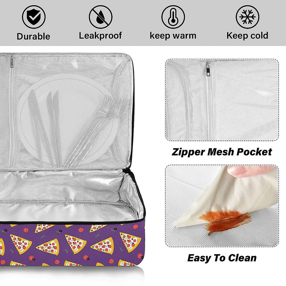 Kcldeci Insulated Thermal Food Carrier Insulated Casserole Carrier for Hot or Cold Food,Pizza Slice Olives and Pepper Insulated Tote Bag for Potluck Cookouts Parties Picnic,Lasagna Lugger