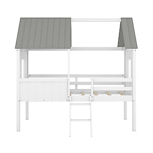 Harper & Bright Designs House Twin Bed for Kids, Low Loft Bed Frame Twin Size, Wood Kids Twin House Bed with Two Side Windows and Roof for Kids,Teens, Girls & Boys, No Box Spring Needed (White+Gray)