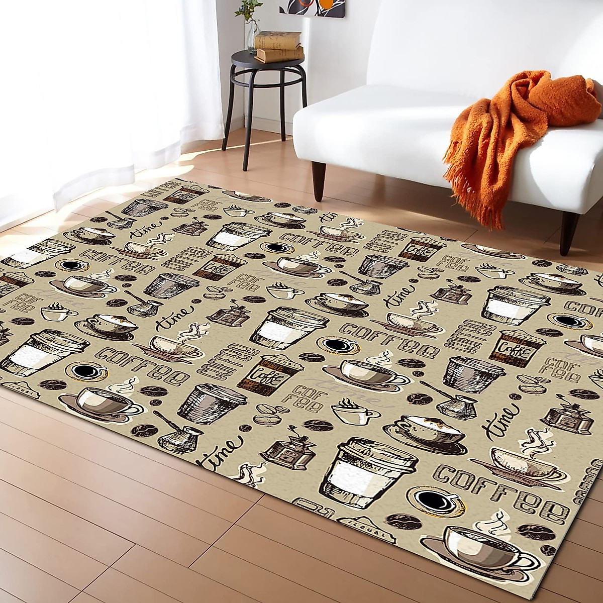 Area Rug for Bedroom Living Room Decor,Retro Sketch Coffee Set Bean with Quote Ultra Soft Non-Slip Accent Rugs Indoor Large Floor Carpet Aromatic Drink on Khaki Non-Shedding Nursery Floor Mat,48x72in