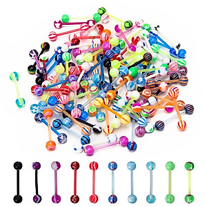 CrazyPiercing 100Pcs 14G Acrylic Tongue Rings, Multi Color Assortment Flexible Tongue Rings Barbells Mix Piercing