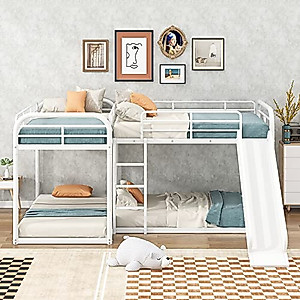 DHPM L Shaped Bunk Bed for 4, Bunk Bed with Slide, Heavy-Duty Metal Floor Bunk Bed Frame Full and Twin Size for Kids Teens Girls Boys