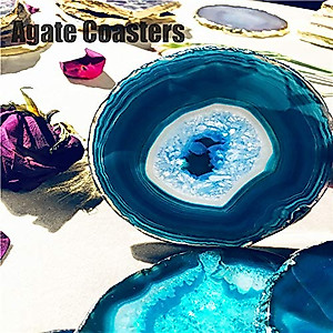 AMOYSTONE Teal Agate Coasters for Drinks Geode Coasters Set of 4 Crystal Quartz Rock Coasters Agate Slices with Rubber Bumpers 3-3.5"