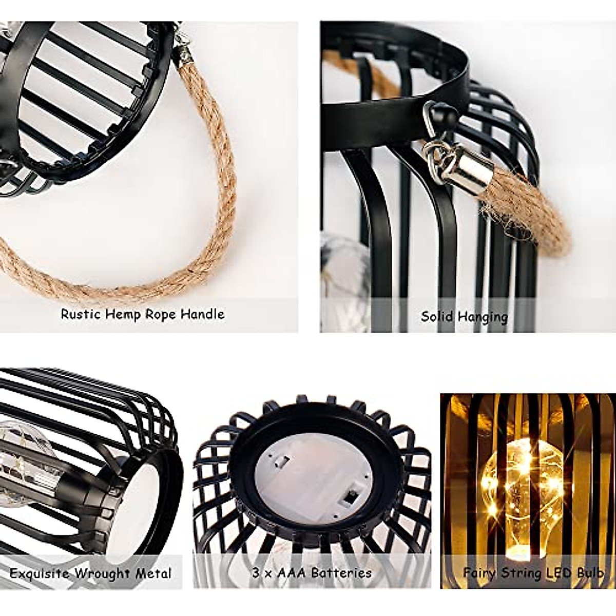 JHY DESIGN 7.5" High Metal Cage Decorative Lamp Battery Powered Cordless Warm White Light with LED Edison Style Bulb Great for Weddings Parties Patio Events Indoors Outdoors with Hemp Rope Handle