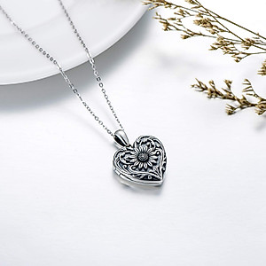 SOULMEET Personalized Sunflower Heart Locket Sterling Silver Necklace That Holds 2 Pictures Memory Photo Lockets Custom Any Photo (Custom photo & text)