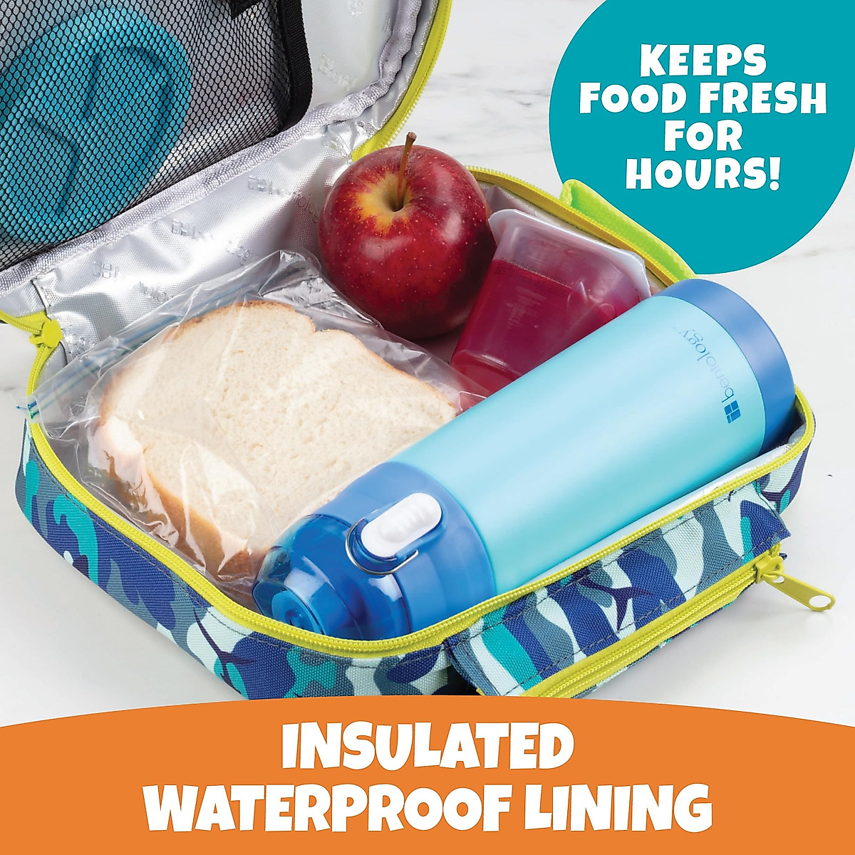 Insulated Lunch Box w Snack Pocket & Water Bottle Holder-Boys or Kids Blue Camo School Lunchbox Tote Keeps Food Hotter or Colder Longer- Reusable Bag Fits Most Bento Boxes, Ice Packs-Back to School