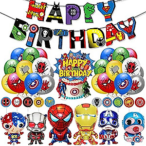 Superhero Party Supplies,Avengers Birthday Decoration-Superhero Birthday Party Banner,Superhero Balloons,Toppers Cake Toppers,6 Pcs Avengers Large Foil Balloons for Kid's boy Themem Party(44PCS)