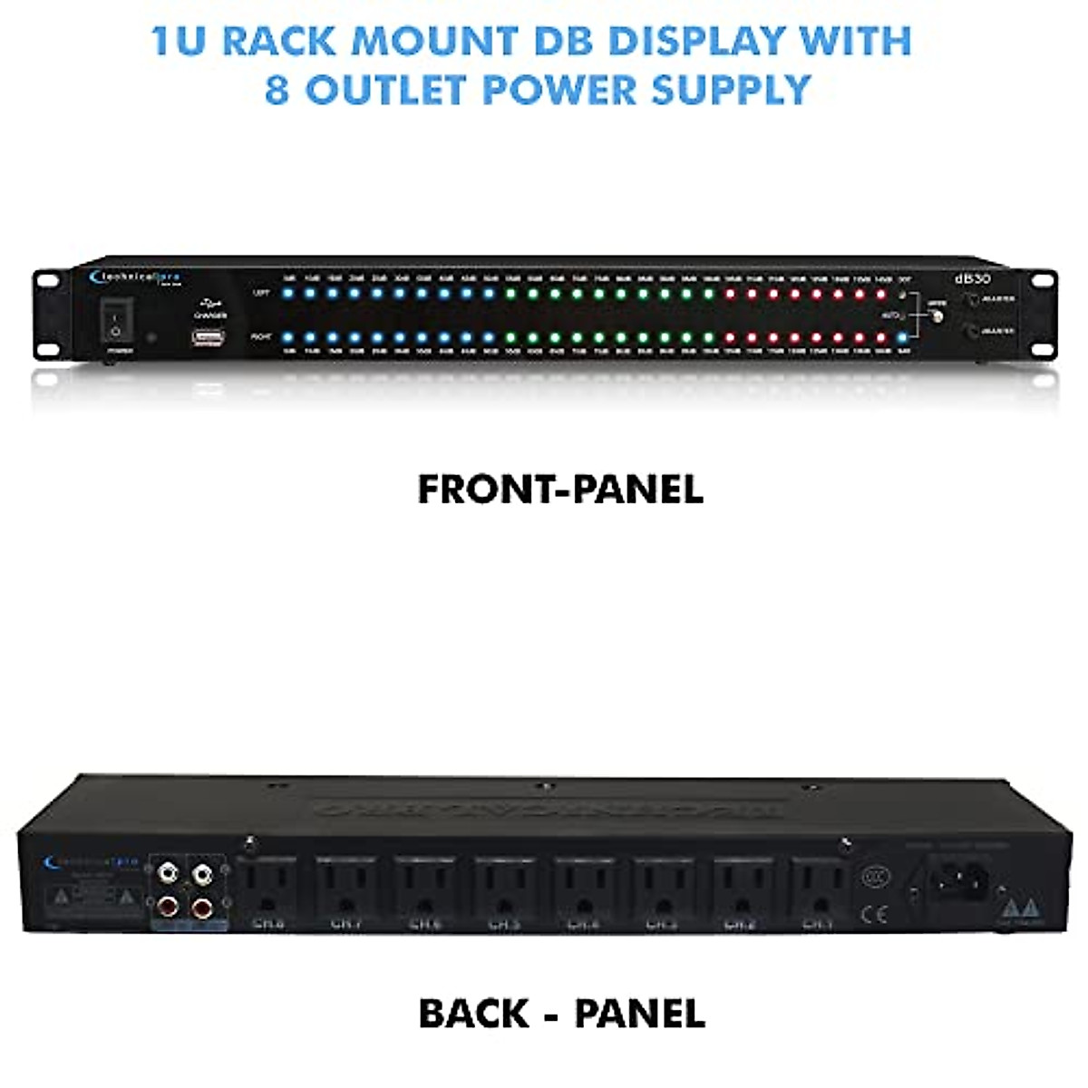 Technical Pro 1U Rack Mount DB Display with 8 Outlet Power Supply Surge Protector with 5V USB Charging Ports, Input, and Output RCA.