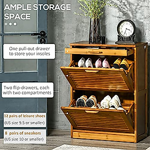 HOMCOM 3-Drawer Shoe Cabinet, Bamboo Shoe Storage Cabinet with Flip Shutter Doors for 12 Pairs of Shoes, Entryway, Hallway, Living Room, Bedroom