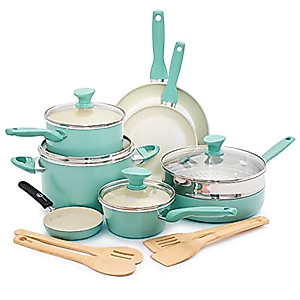 GreenPan Rio Healthy Ceramic Nonstick 16 Piece Cookware Pots and Pans Set, PFAS-Free, Dishwasher Safe, Turquoise