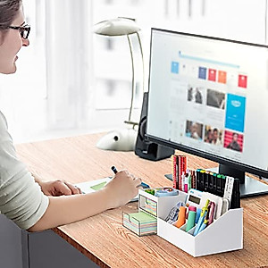 LETURE Office Supplies Desk Makeup Organizer Caddy with Drawer + 6 Sticky Notes, White 13 Compartments, Desktop Accessories Organizer for Office, Home