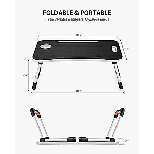 FISYOD Foldable Laptop Table, Portable Lap Desk Bed Table Tray, Laptop Stand with Cup Holder & Tablet Slot & Lifting Handle for Working Writing Drawing & Eating (Black)