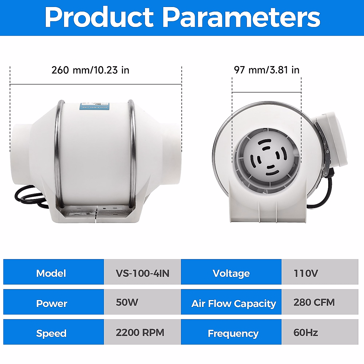 Voltset 4 Inch Duct Fan, Inline Ventilation Exhaust Fan, 280 CFM Duct Intake Fan High Efficiency Air Fan for Duct Vent Bathroom, Kitchen, Grow Tent, Hydroponics, 3D Printer