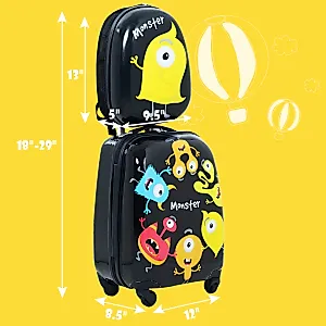 GYMAX Kids Carry On Luggage Set, 12" & 16" 2PCS Rolling Suitcase (Monster)