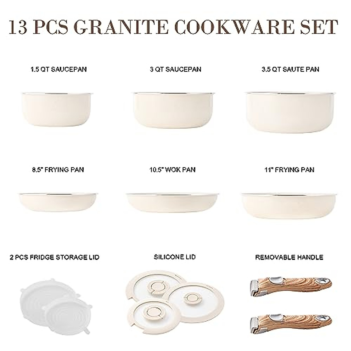Nonstick Cookware Set - 13 PCS Stackable Pots and Pans Set Detachable Handle Camping Cookware, Granite Kitchen Cookware Sets Removable Handle, Non Toxic Nonstick Frying Pans for Cooking Set Gift Beige