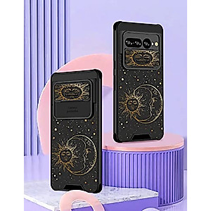 Goocrux for Google Pixel 7 Pro Case Sun and Moon Stars for Girls Women Cute Space Girly Phone Cover Fashion Gold Print Unique Design with Slide Camera Cover Aesthetic Cases for Pixel 7 Pro 5G 6.7 inch