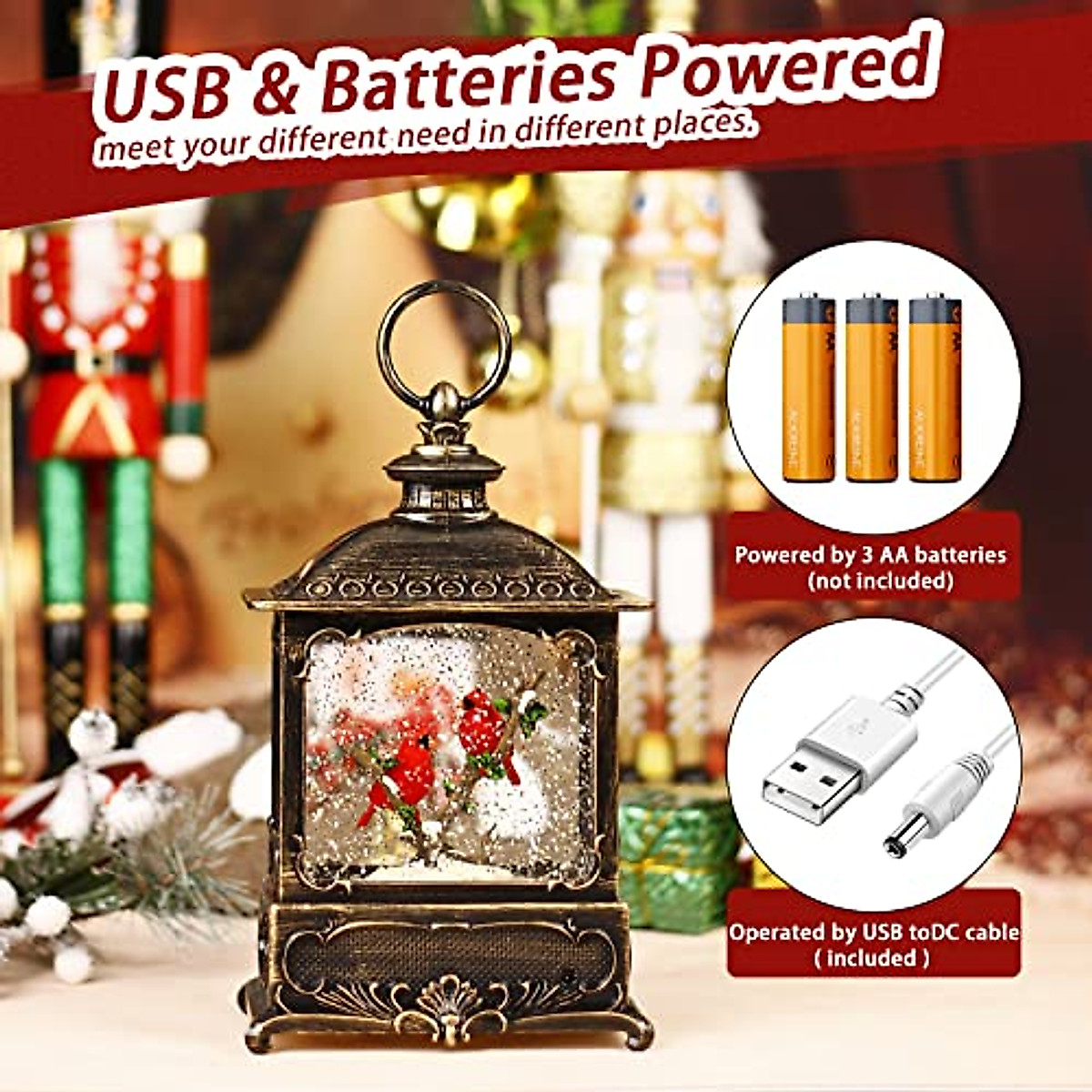 Cardinal Christmas Decorations Musical Snow Globe Lantern, Lighted Snow Globe with Swirling Glitter, 3 AA Battery Operated & USB Powered, Cardinal