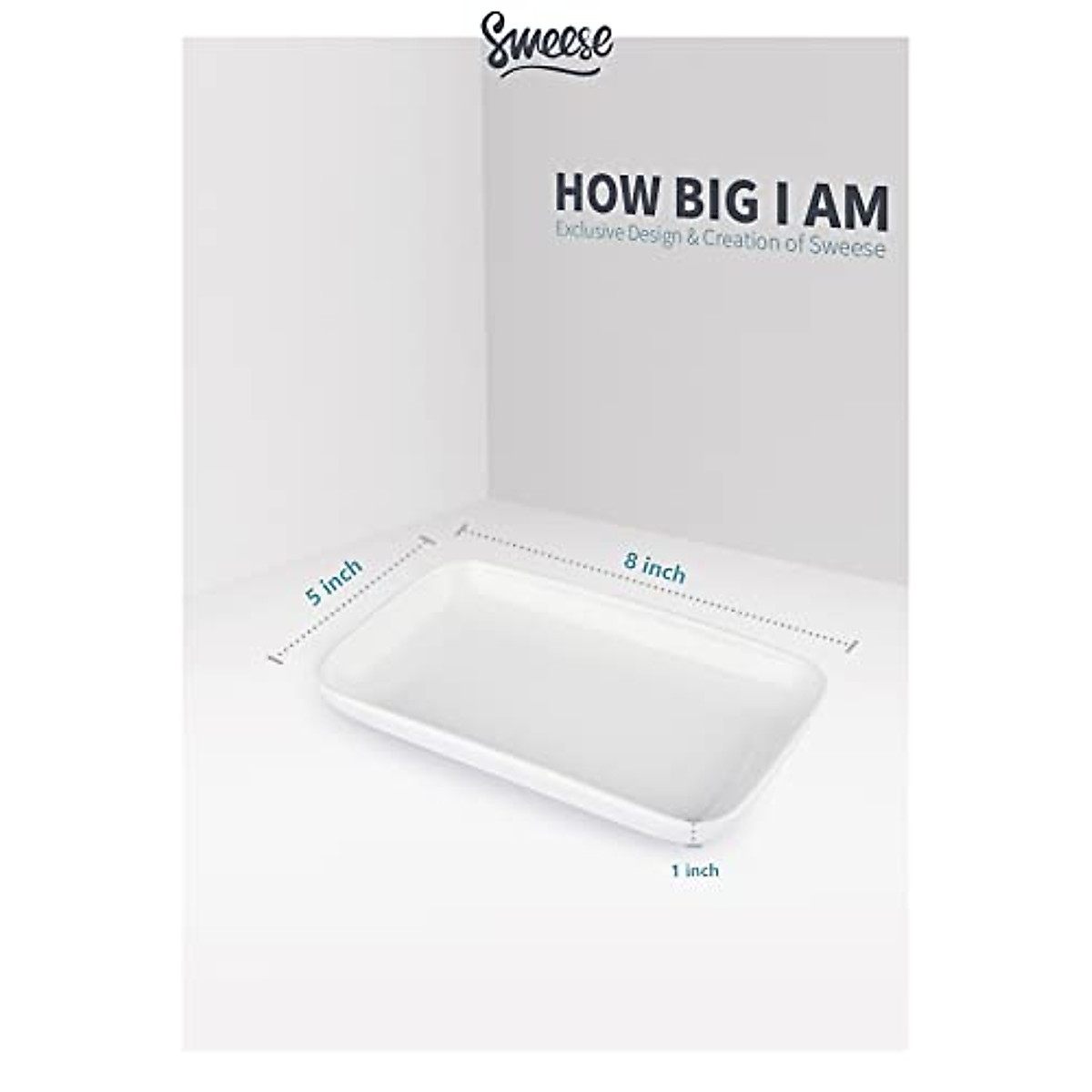 Sweese 8 Inch Rectangular Salad Plates, Porcelain Dessert Plates, Small White Serving Trays for Salad, Fruit, Sushi Appetizer and Parties - Stackable, Set of 6, White