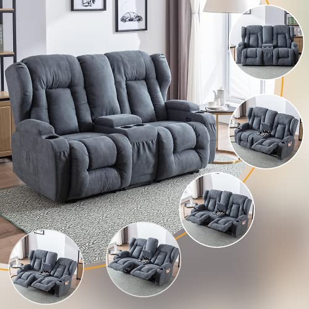 URRED Manual Recliner loveseat Chair with Console for Living Room Modern Manual-Pull Recliner Sofa Home Theater Lounge with Cup Holder,Storage for Home Theater Office (Blue-Grey Loveseat)