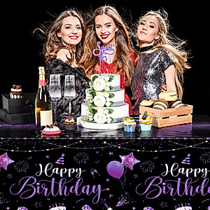Tudomro 3 Pcs Happy Birthday Tablecloths Happy Birthday Decorations Plastic Table Cover Rectangular Cloths for Women Men Baby Shower Birthday Party Supplies, 108 x 54 Inch (Black Purple)