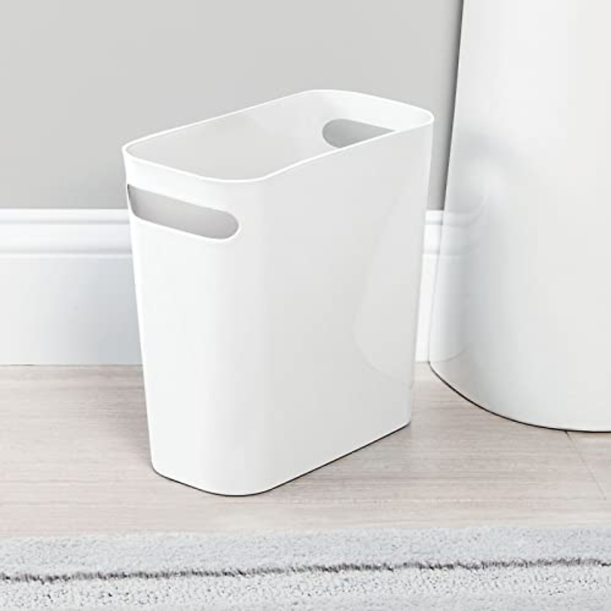 mDesign Plastic Small Trash Can, 1.5 Gallon/5.7-Liter Wastebasket, Narrow Garbage Bin with Handles for Bathroom, Laundry, Home Office - Holds Waste, Recycling, 10" High, Aura Collection, 2 Pack, White