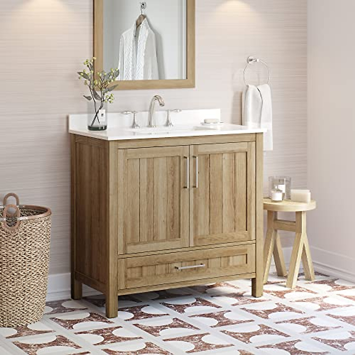 OVE Decors Kansas 36" Single Sink Bathroom Vanity Set with Countertop, Fully-Assembled | Ceramic Sink and Backsplash Included | 02 Doors, 01 Drawer, 36 inches, White Oak