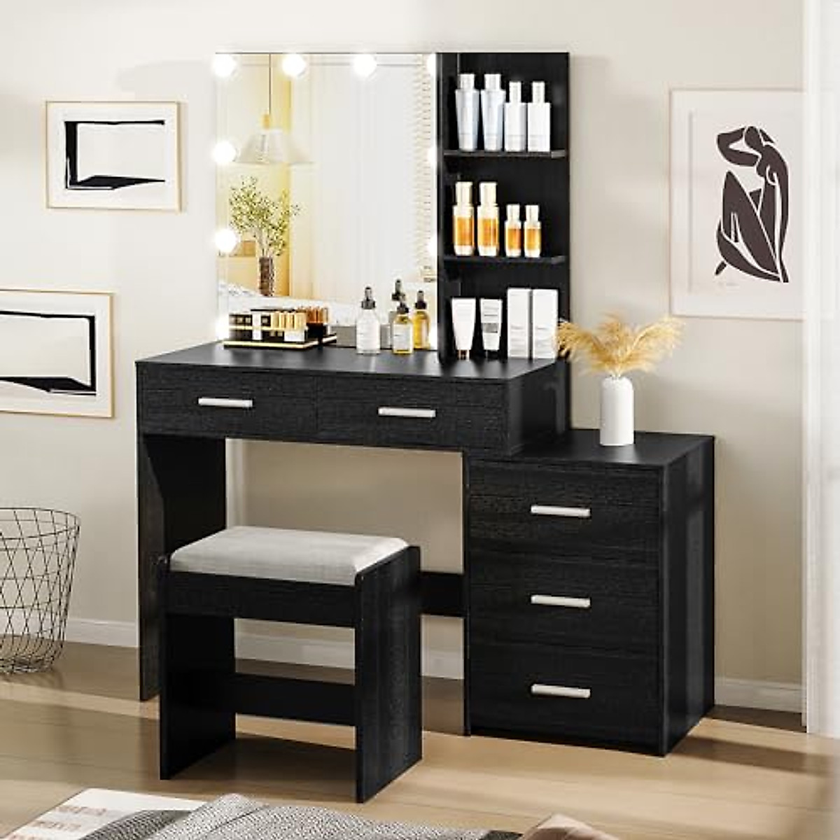usikey 43.5in Large Vanity Desk with Mirror and 10 LED Lights, Makeup Vanity Table with Lights and 5 Drawers, Black Vanity Table Vanity Set with Storage Shelves and Stool for Women Girls, Black